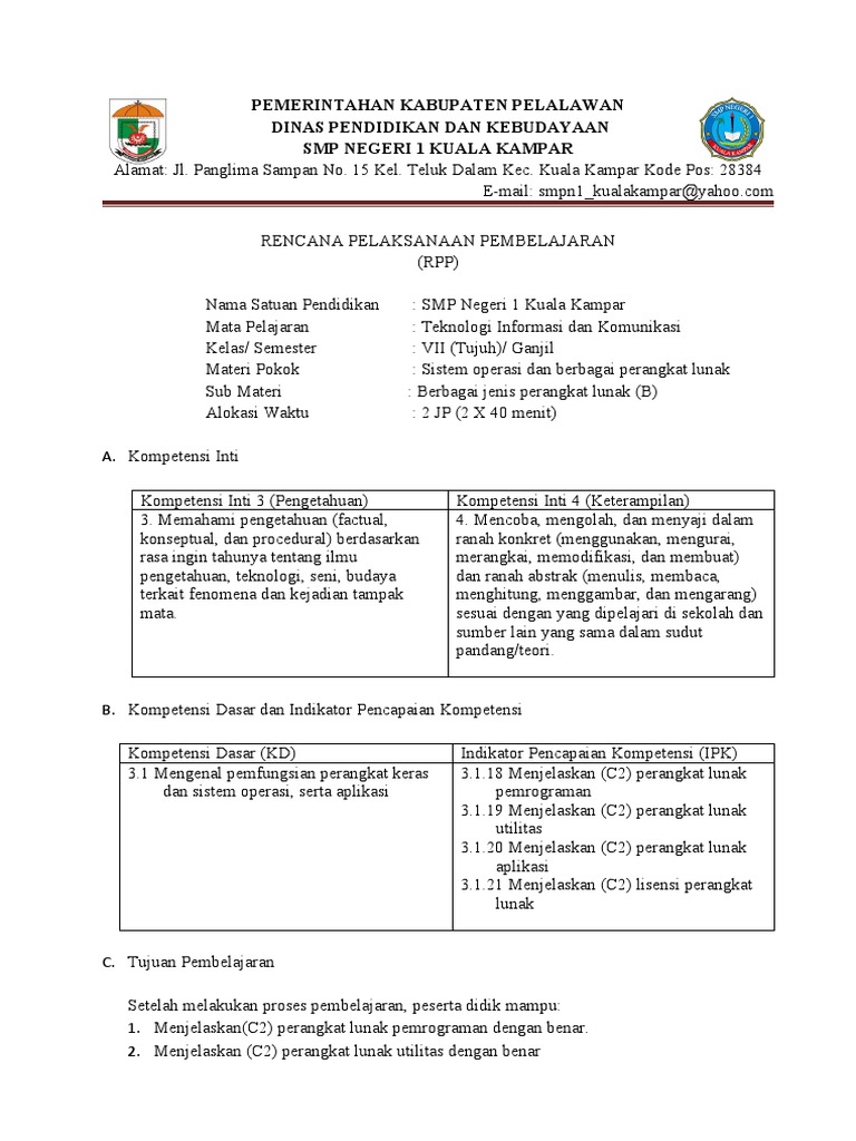RPP 7 Ganjil Kelas 7 TIK - Sistem Operasi Dan Berbagai Perangkat Lunak (B) | PDF