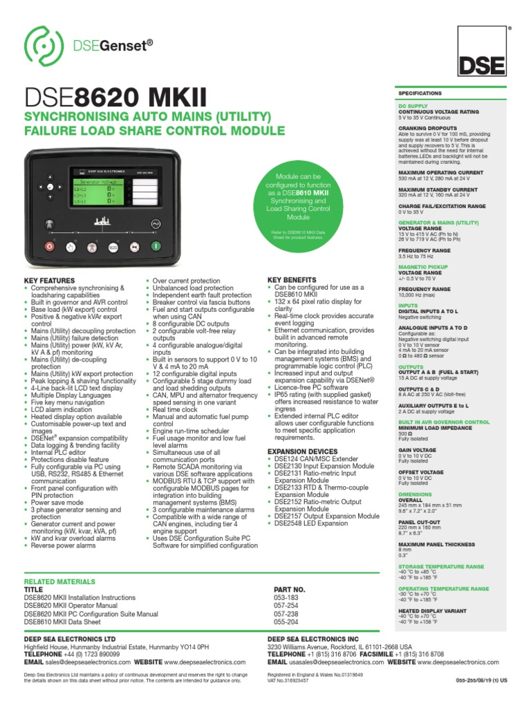 Dse8620 Mkii Data Sheet Us | PDF | Mains Electricity | Programmable Logic Controller