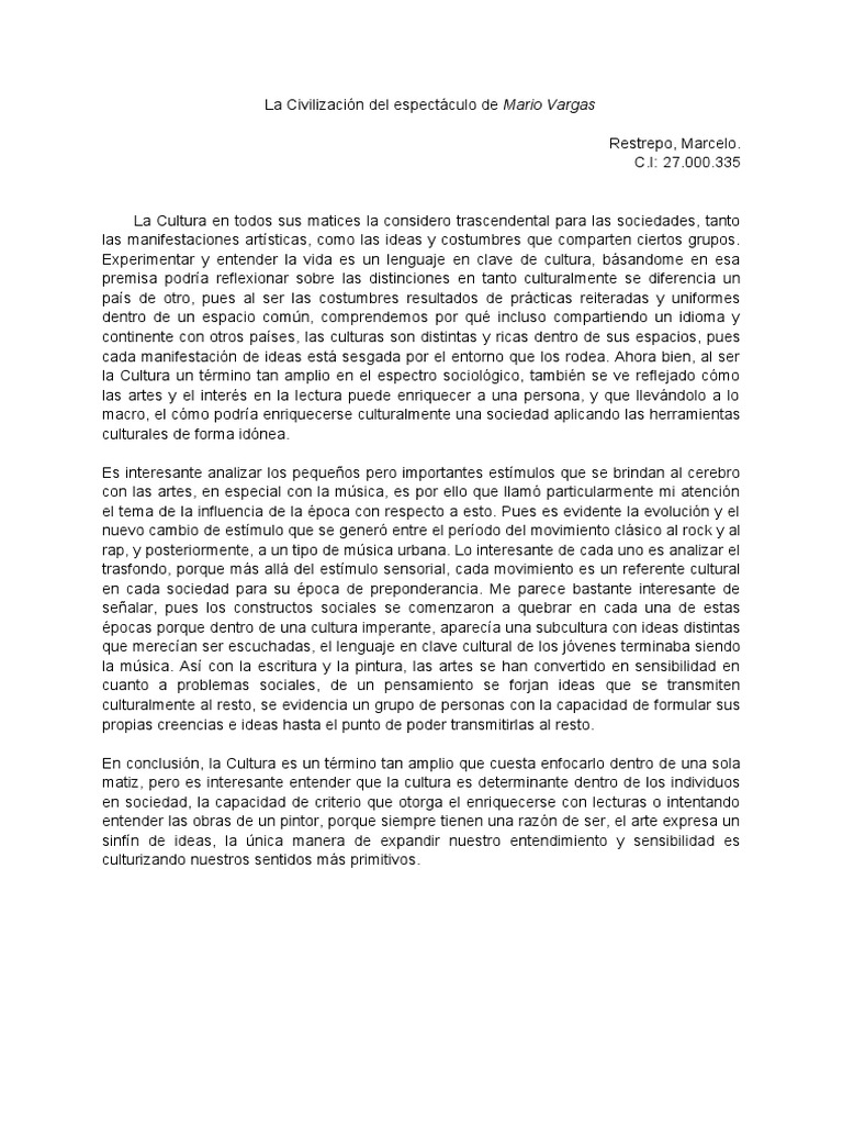 La Civilización Del Espectáculo de Mario Vargas | PDF | Sociedad