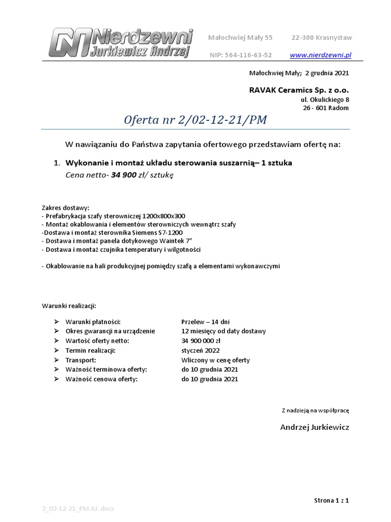 Wzór Oferty Ja | PDF