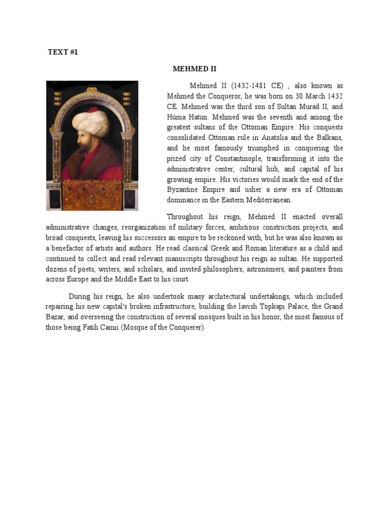 Text 1 - Mehmed II | PDF | Byzantine Empire | Ottoman Empire