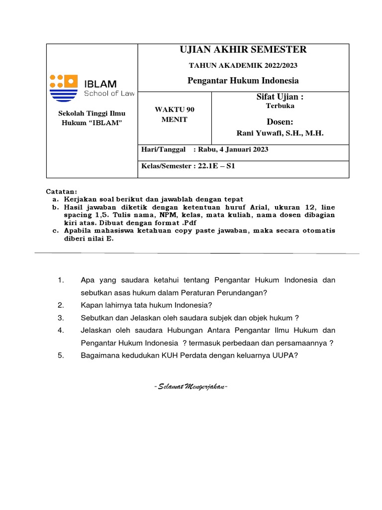 Aldi Sutrisna-2207350290-Jawaban UAS Pengantar Hukum Indonesia - 22.1E | PDF