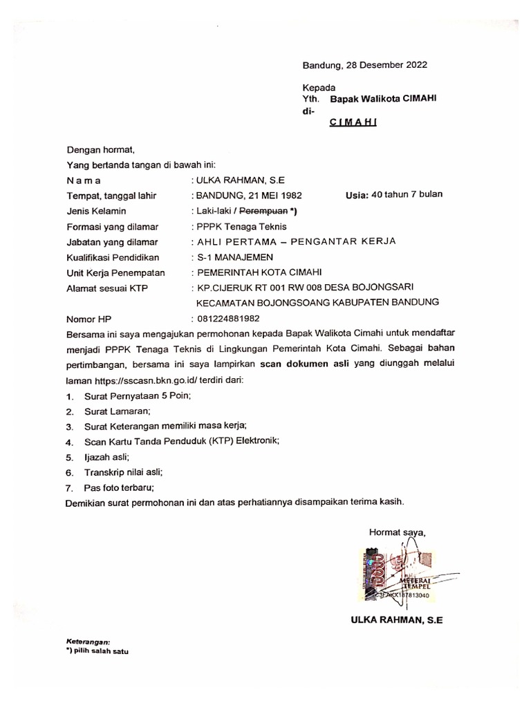 2.surat Lamaran ULKA RAHMAN, S.e-ppPK Tenaga Teknis Tahun 2022-Kota Cimahi | PDF