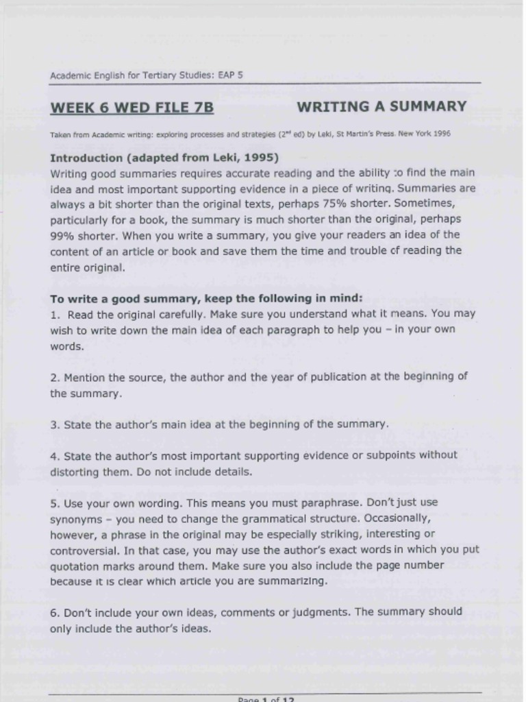 EAP5 Week 6 Wed F7b - Writing A Summary - No Answers | PDF