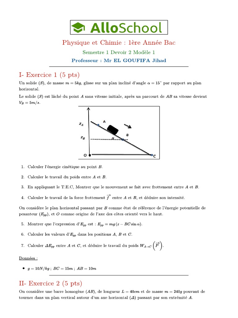 PC 1bac Semestre 1 Devoir 2 Modele 1 5 | PDF