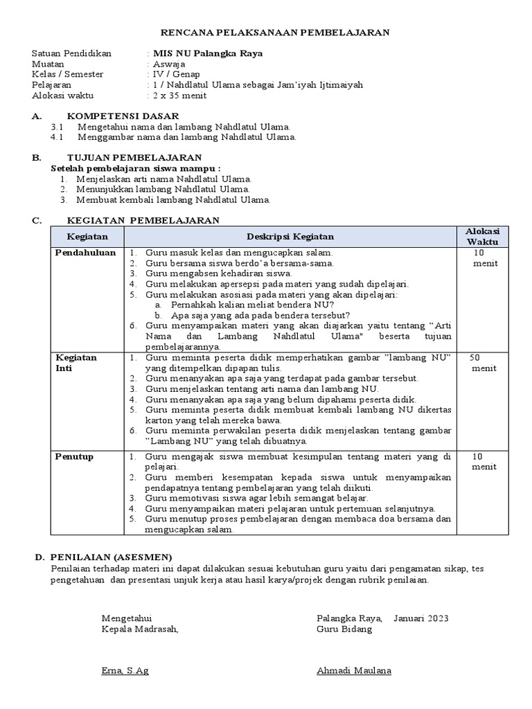 RPP Aswaja Kelas 4 2023 | PDF