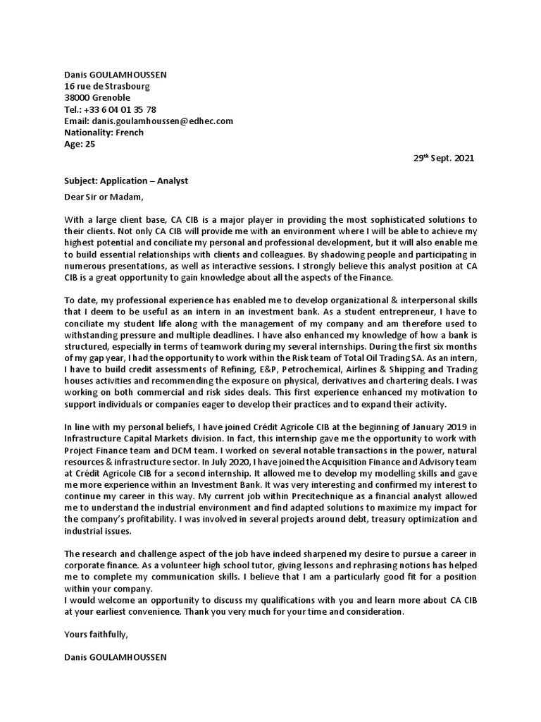 COVER LETTER CA CIB Danis GOULAMHOUSSEN | PDF | Financial Analyst ...