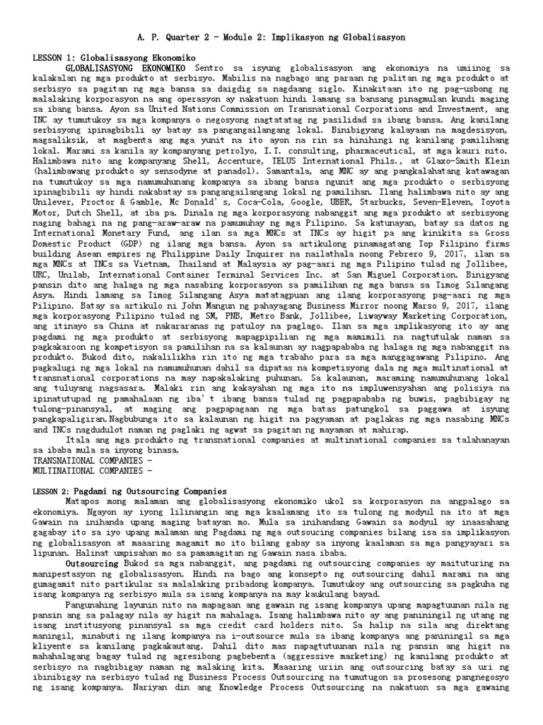 AP 10 Quarter 2 - Module 2: A.Implikasyon NG Globalisasyon (REVIEWER) | PDF
