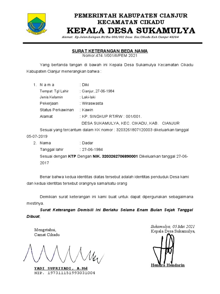 Surat Keterangan Beda Nama | PDF