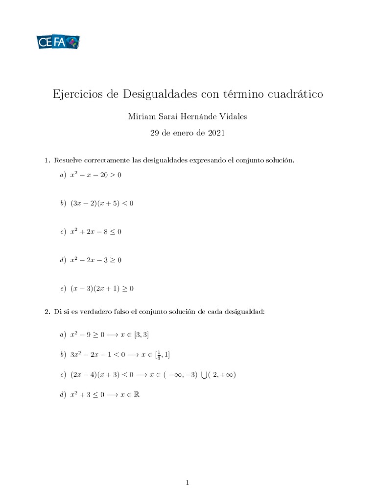 Ejercicios de Desigualdades Cuadraticas | PDF
