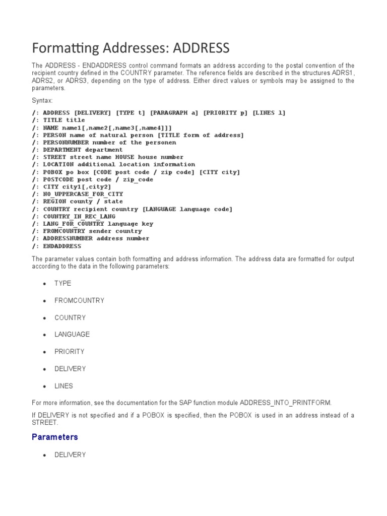 Formatting Addresses ADDRESS | PDF | Parameter (Computer Programming) | Zip Code