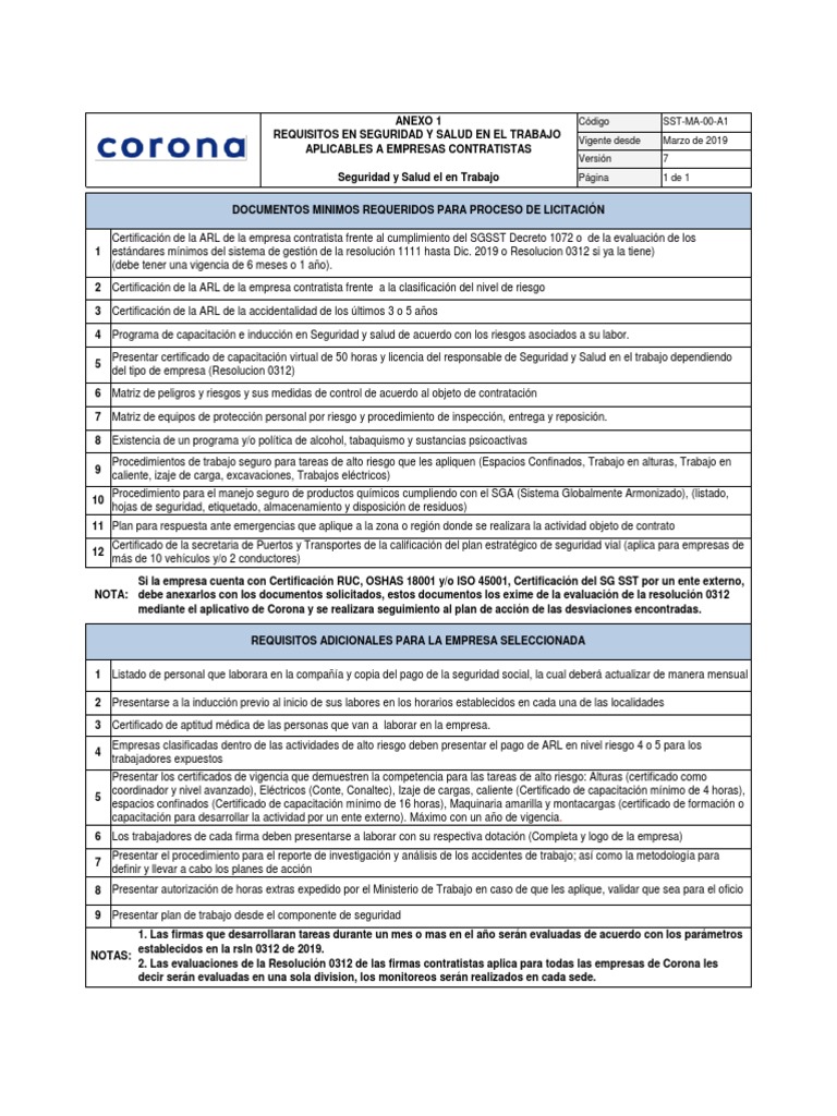 Anexo 1 Requisitos SST para Contratistas | PDF