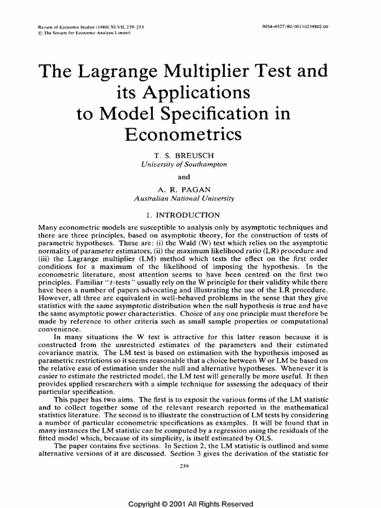 The Lagrange Multiplier Test and Its Applications To Model ...