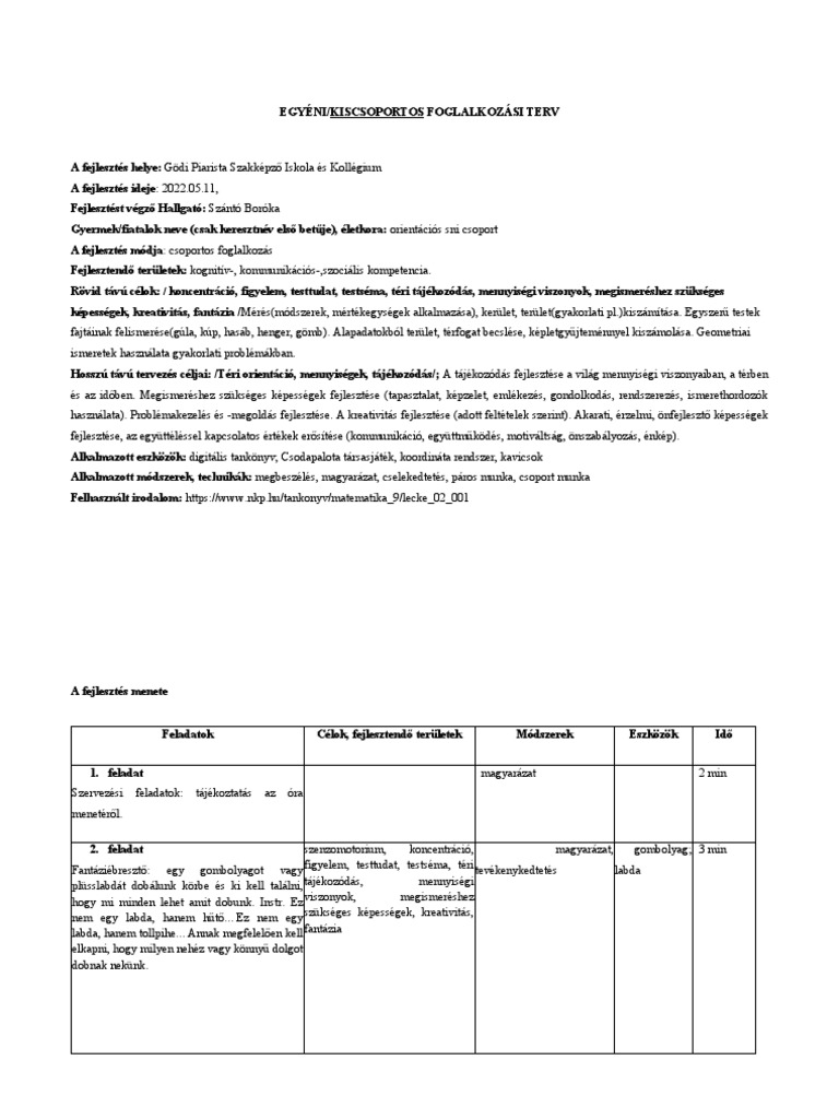 Szakpedagógiai Gyakorlat 2 - Óravázlat 1. | PDF