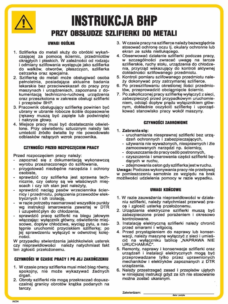 Iac34 Instrukcja BHP Przy Obsłudze Szlifierki Do Metali | PDF