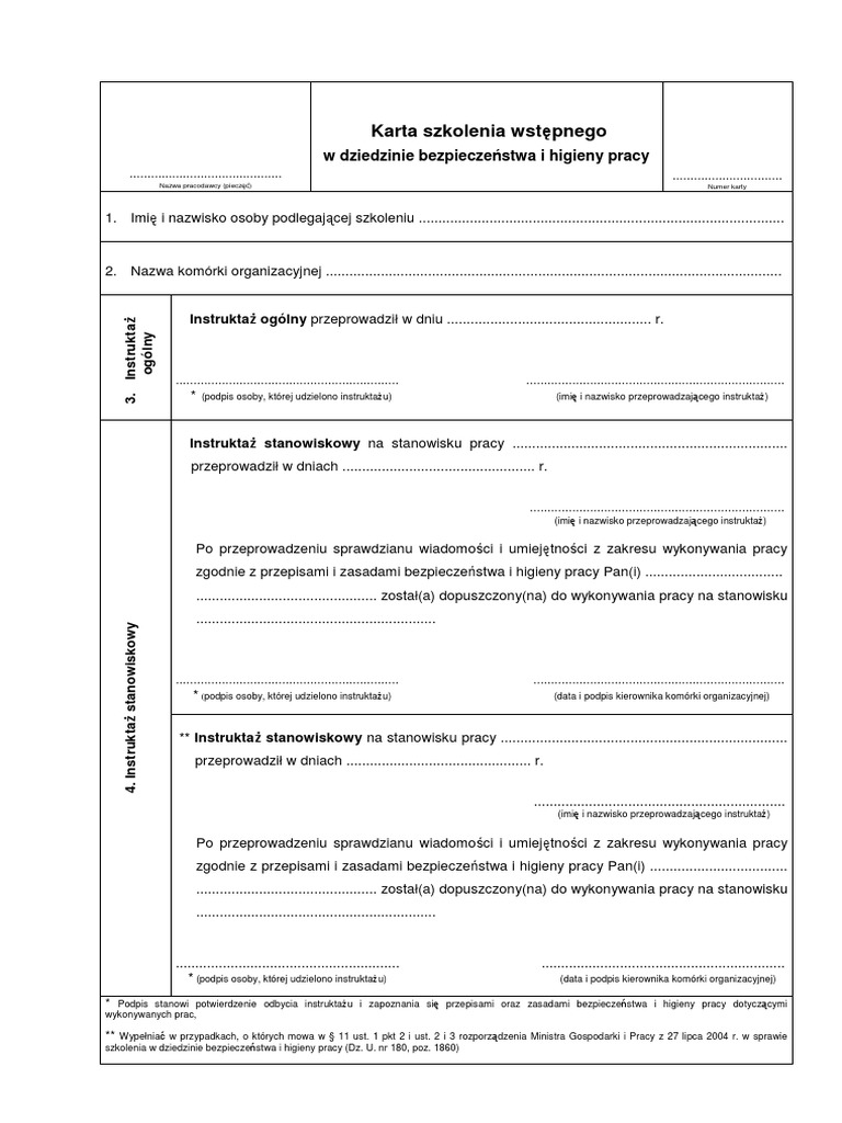 Karta Szkolenia Wstępnego BHP | PDF
