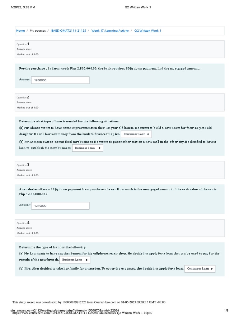 GMAT2111 General Mathematics Q2 Written Work 1 10 PDF | PDF | Loans | Interest