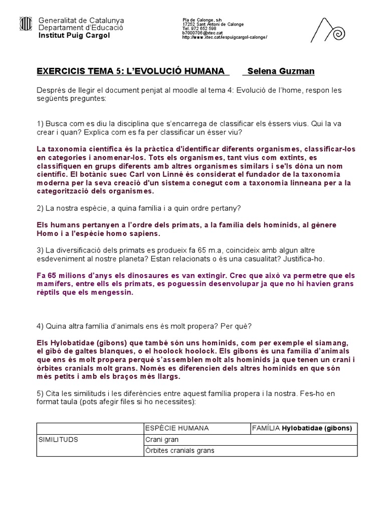 Exercicis Levolució Humana | PDF