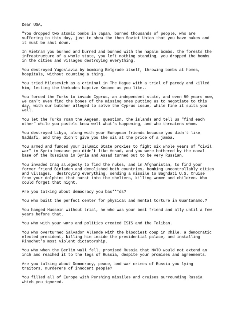 Dear USA | PDF | Government | International Relations