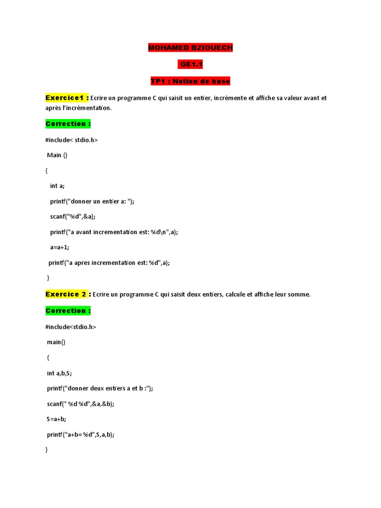 Programmes C pour exercices de base | PDF