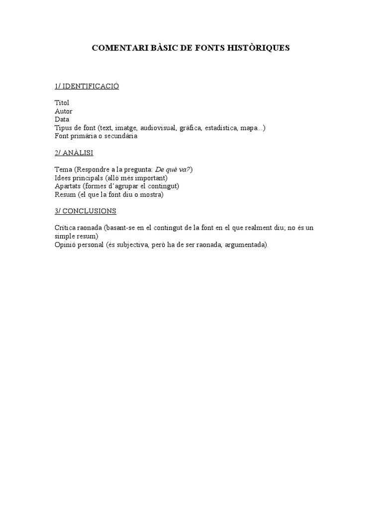 00-Esquema de Comentari Bàsic de Fonts Històriques | PDF