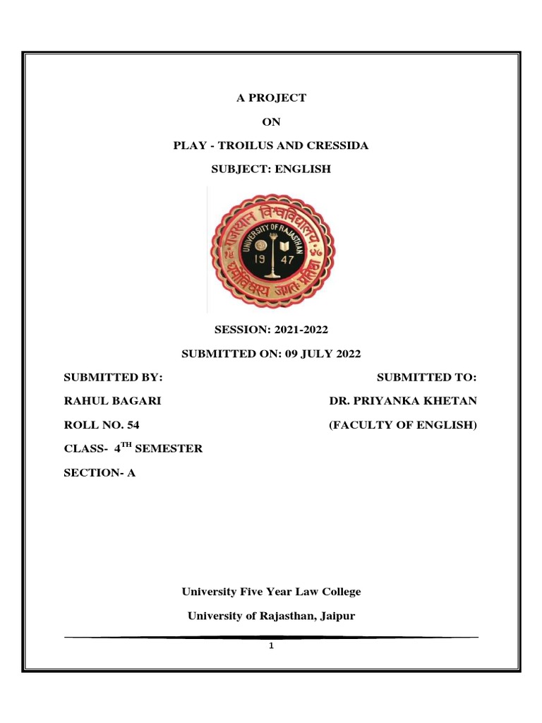 Project of English - 4th SEMESTER | PDF | Trojan War | Troilus