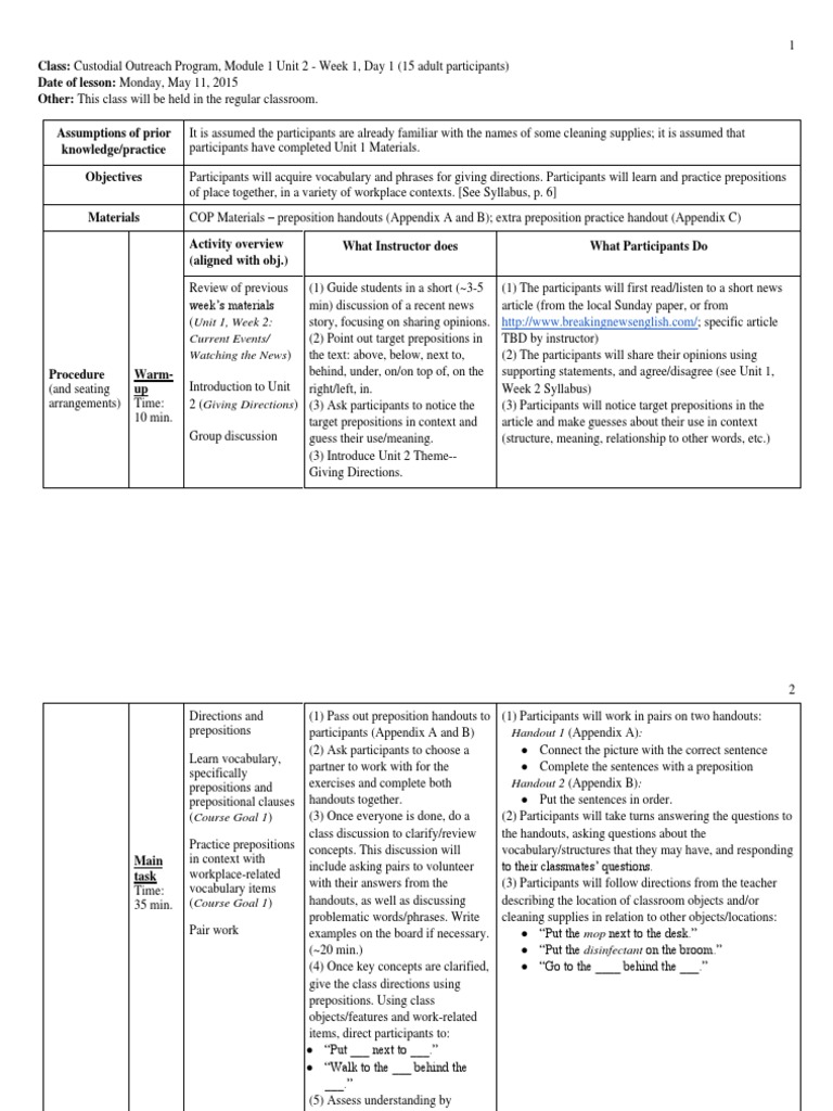 Cop Unit 2 Week 1 - Lesson Plans | PDF | Preposition And Postposition ...