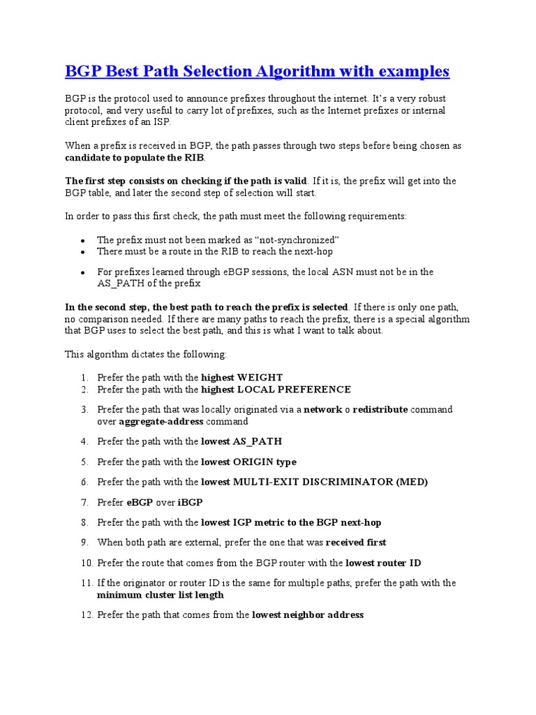 BGP Best Path Selection Algorithm With Examples | PDF | Routing | Network Architecture