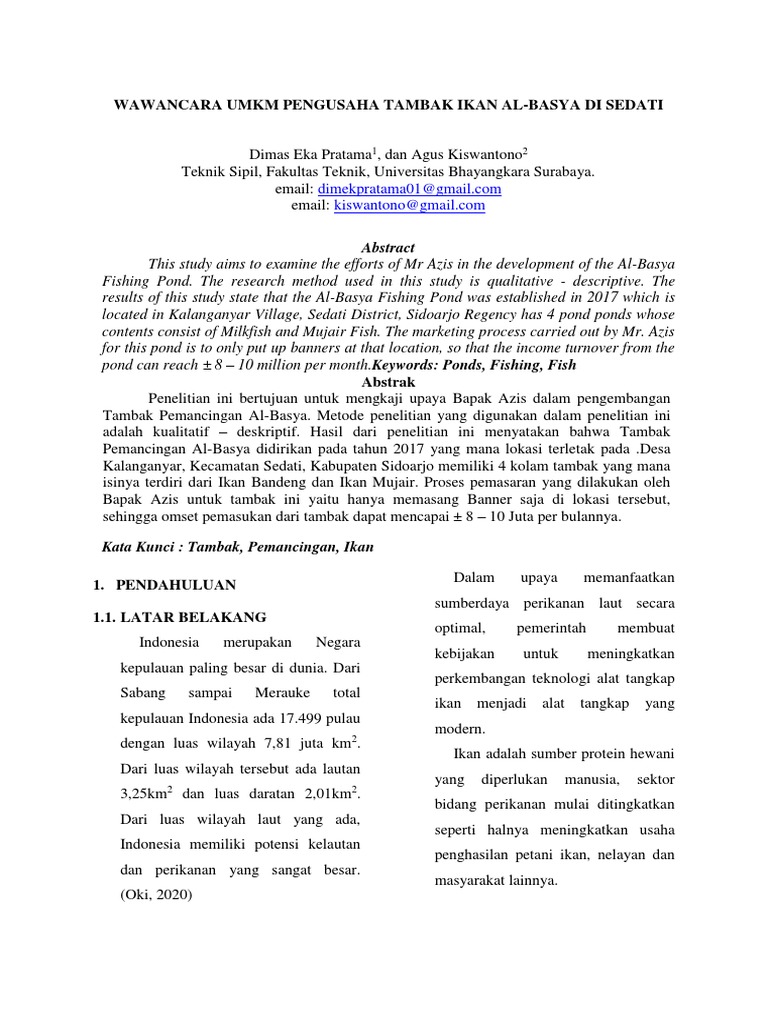 Wawancara UMKM Pengusaha Tambak Ikan AL-Basya Di Sedati | PDF | Griya ...