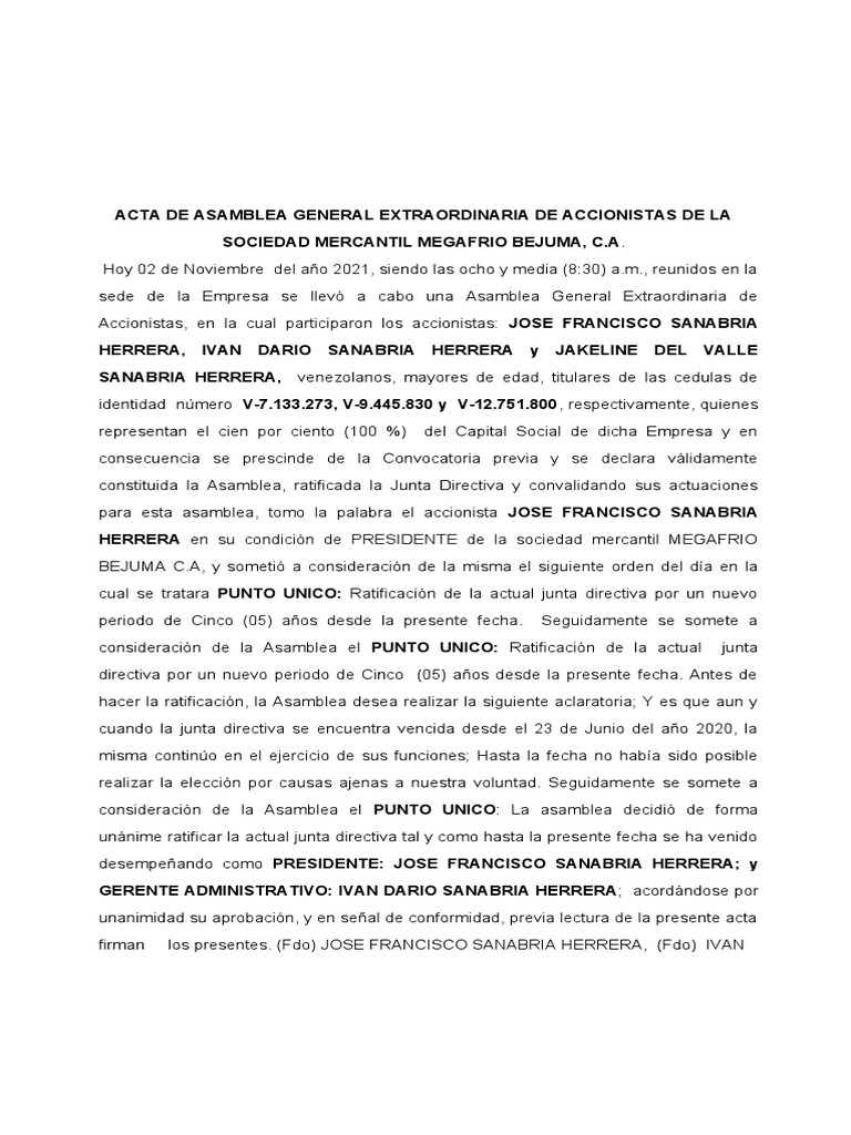 Ratificación Junta Directiva Megafrio | PDF | Gobierno