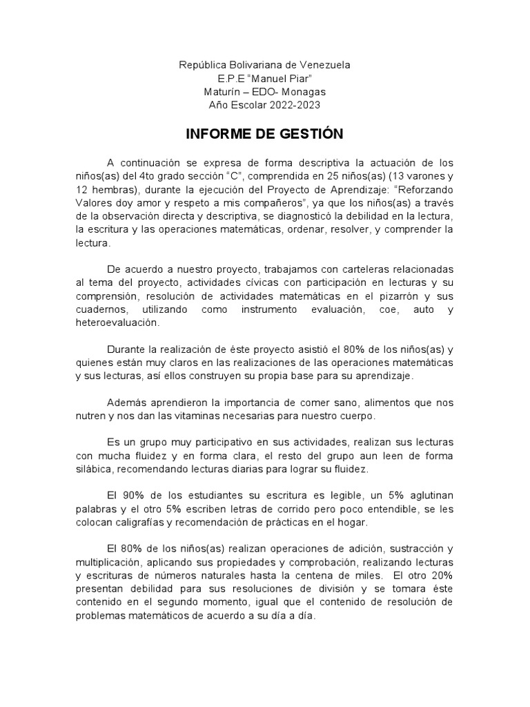 Informe de Gestion | PDF | Aprendizaje | Cognición