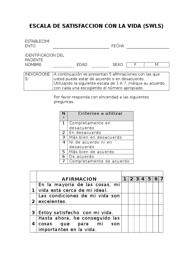 Escala SWLS de Satisfacción Vital | PDF | Estilo de vida | Salud y ...