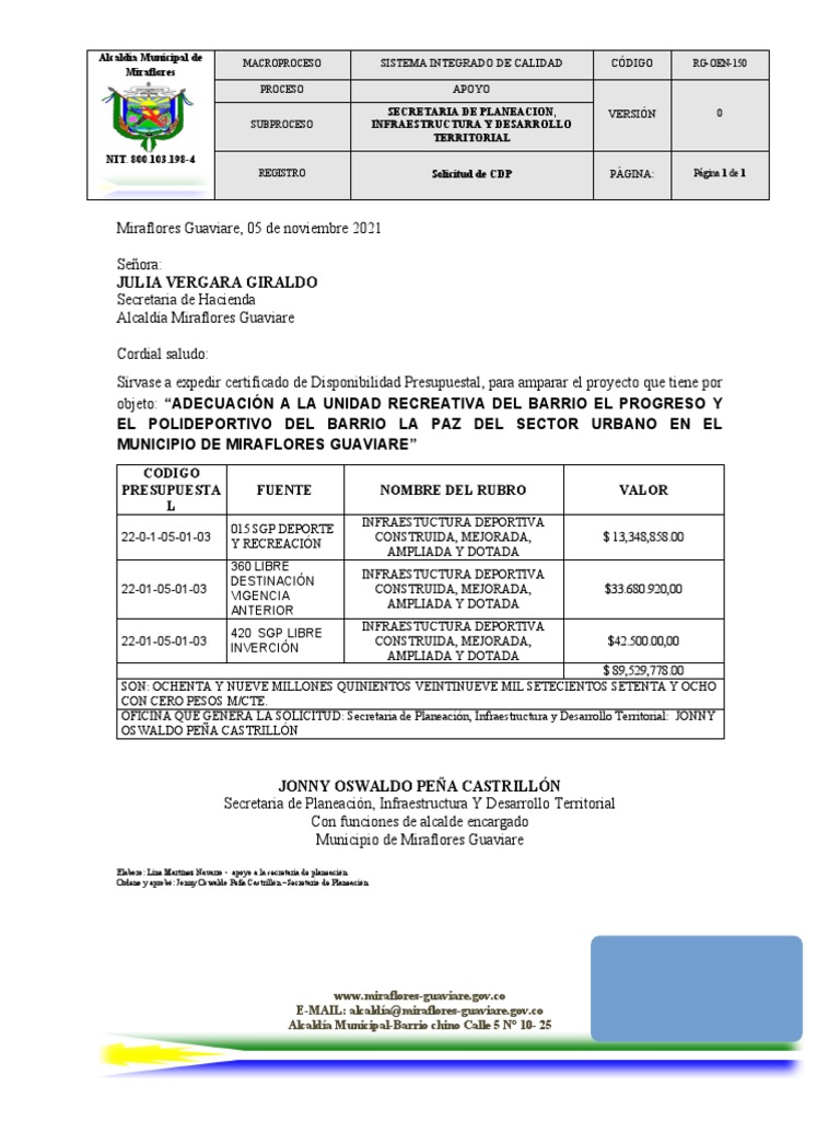 4.solicitud de CDP - Ajuste Fuente | PDF | Economias