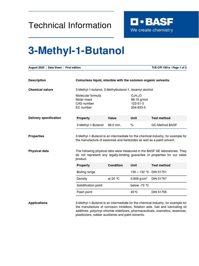 3 Methyl 1 Butanol | PDF | Chemical Industry | Solvent