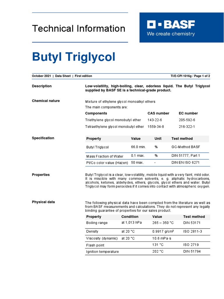 BASF TDS - 1016g - Butyl Triglycol - Oct 2021 | PDF | Ether | Chemical Substances