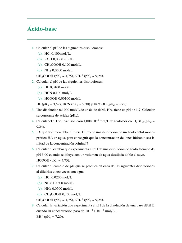 01 Ejercicios Ac Ba | PDF | Constante de disociación ácida | Solución ...