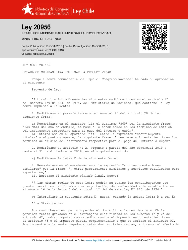 Ley 20956 - 26 OCT 2016 | PDF | Bancos | Impuestos