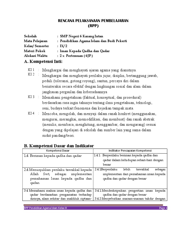 RPP Qadha Qadar - Compressed | PDF