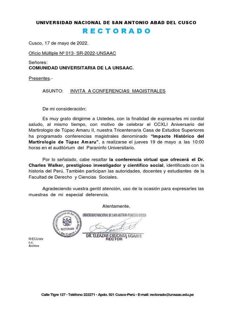 Oficio Múltiple #013-Sr-2022-Unsaac | PDF