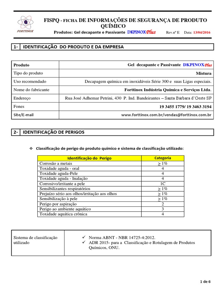 FISPQ Gel DKPINOXPLUS | PDF | Embalagem e rotulagem | Primeiros socorros