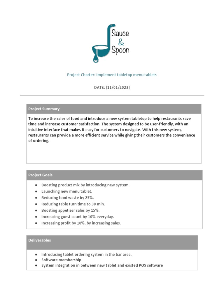 Tabletop Menu Tablets Project Charter | PDF | Menu | Usability