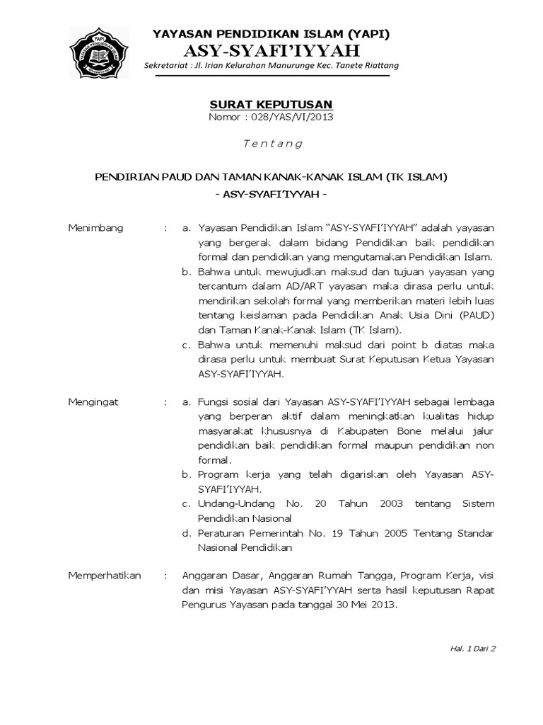 SK Pendirian TK-TPA | PDF