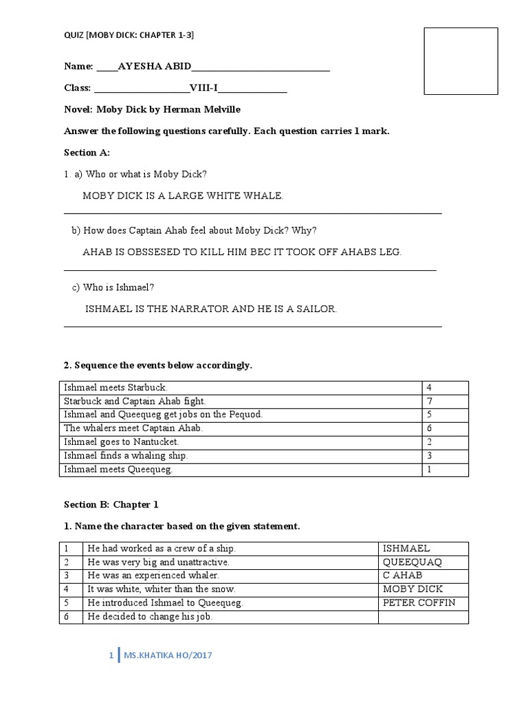 Moby Dick Chap1 3 Quiz | PDF | Moby Dick | Ishmael (Moby Dick)
