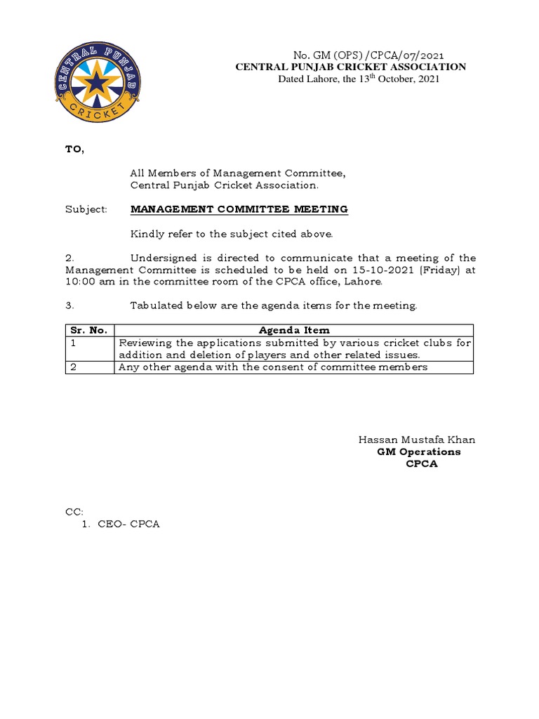 Invitation To Management Committee | PDF