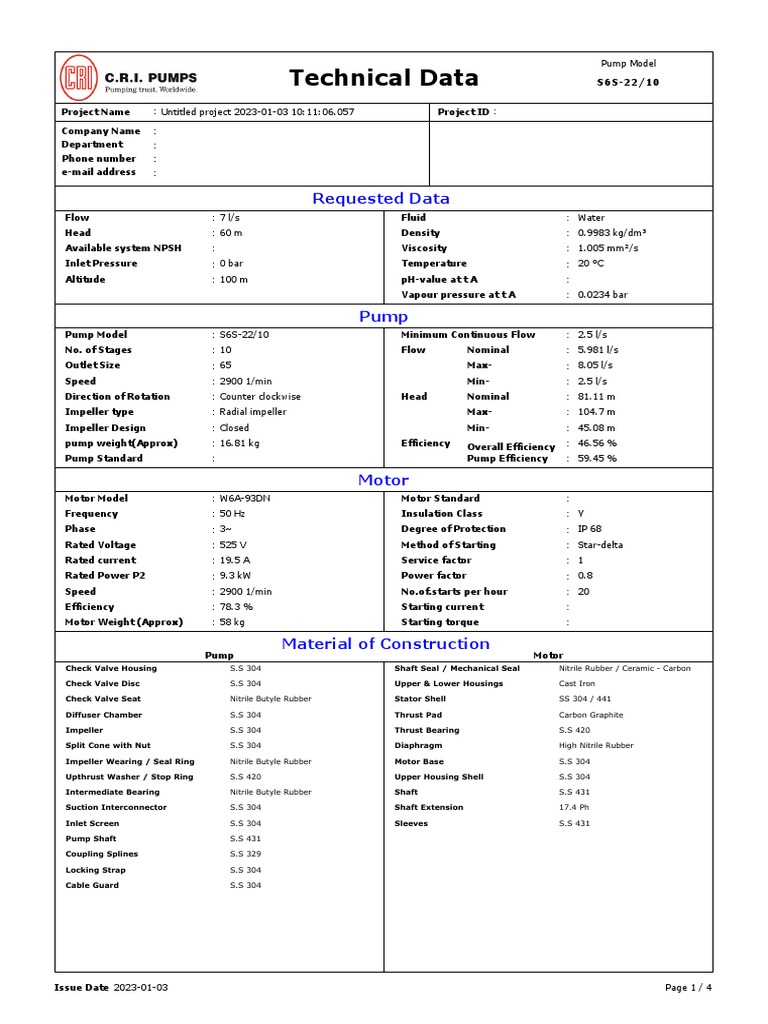 Data Sheet S6S-22 10, 9.3kW, 2 1 2 BSP Sub Pump 6 50Hz (19mm) | PDF | Pump | Electric Motor