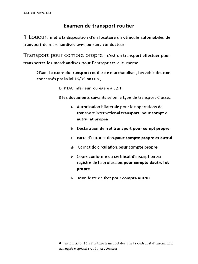 Examen de Transport Routier | Descargar gratis PDF | Transport | Véhicules