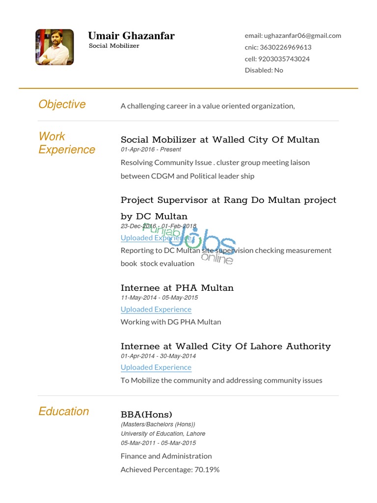 Umair Ghazanfar's resume for social mobilizer role | PDF