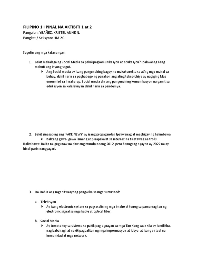 Filipino 1 I Pinal Na Aktibiti 1 at 2 | PDF