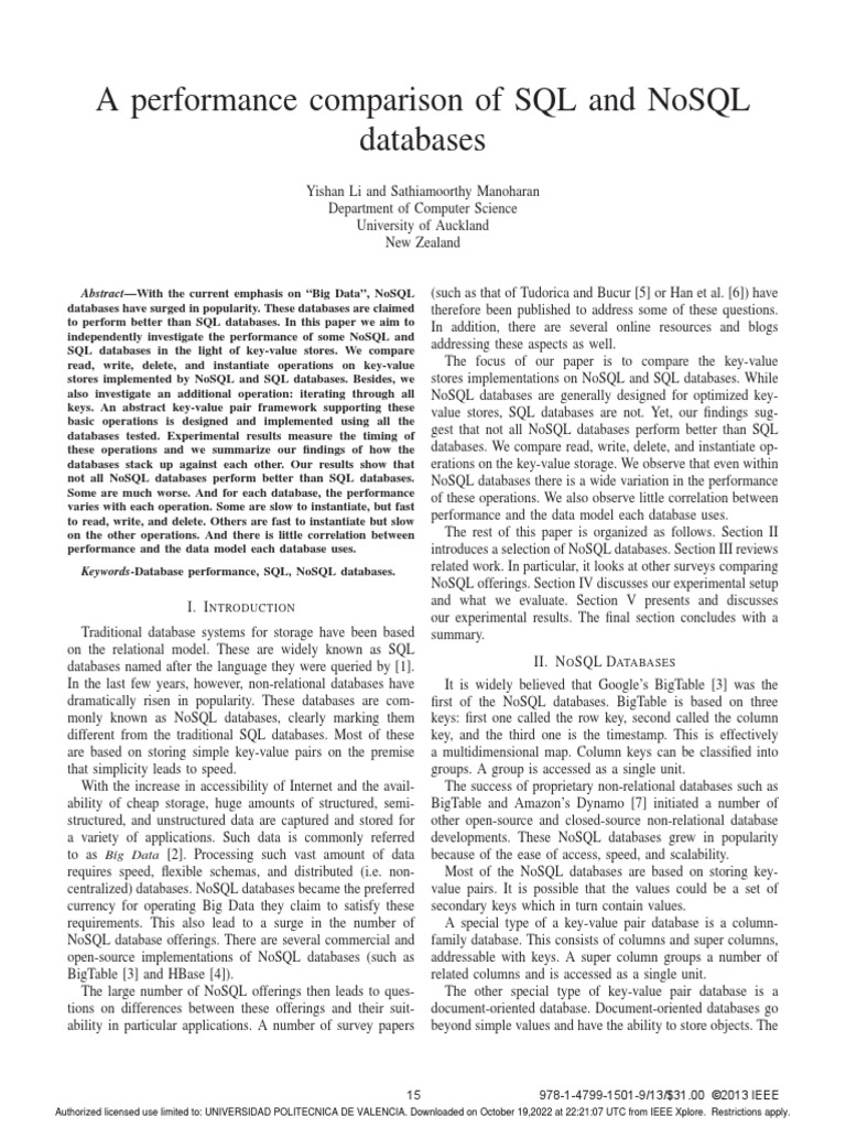 A Performance Comparison Of Sql And Nosql Databases Pdf No Sql