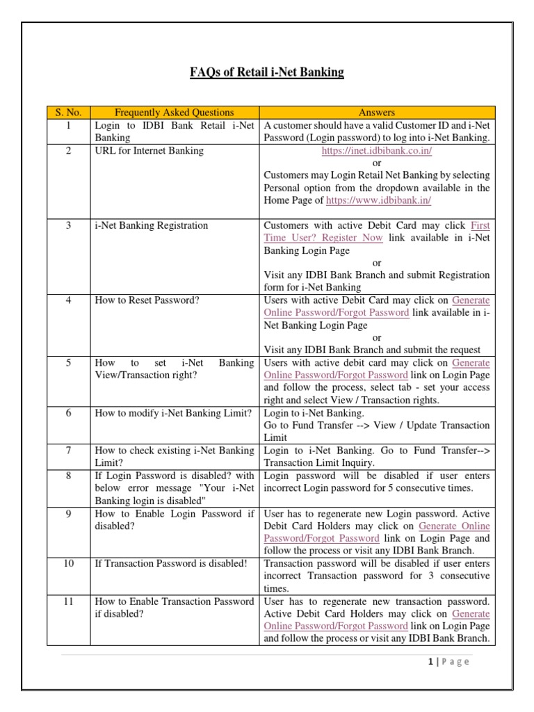 IDBI Bank Retail i-Net Banking FAQs | PDF | Password | Login